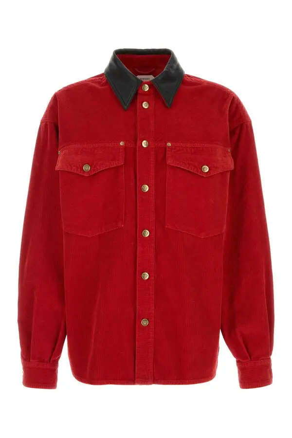Versace Denim Garment-dyed Velvet Shirt With Leather Accents - Red