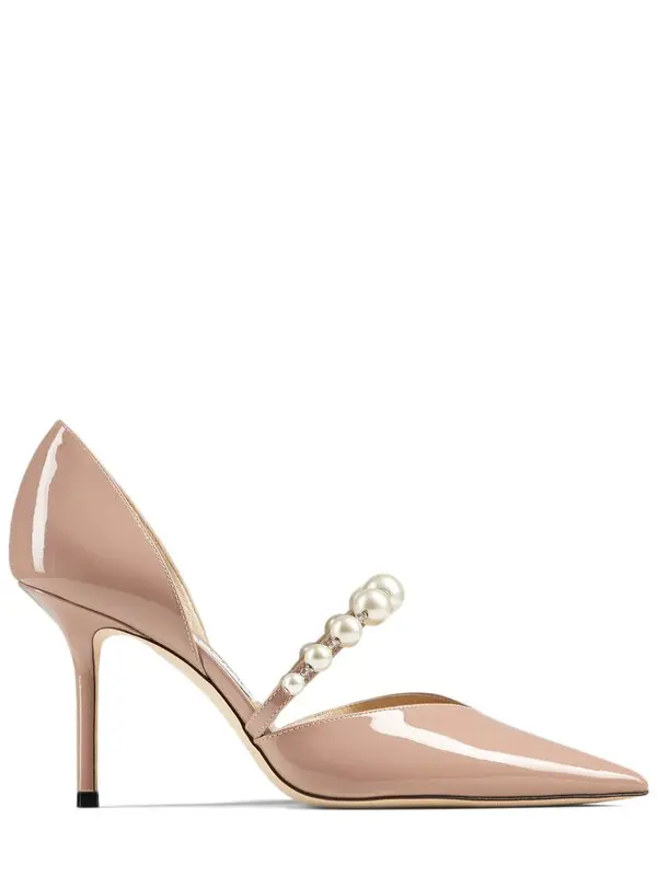 JIMMY CHOO Pointed Mini Heeled Pumps With Pearl & Crystal Decoration, Open Sides, 85 Mm Heel - Rosa