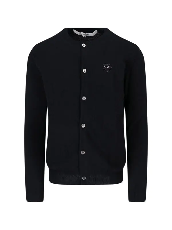 Play Comme Des Garcon Wool Cardigan Sweater With Heart Logo - Black