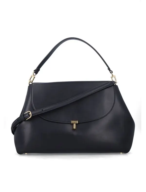 TOTEME Italian Leather Slouched Satchel With T-lock Twist Closure, Detachable Handle & Shoulder Strap - Nero