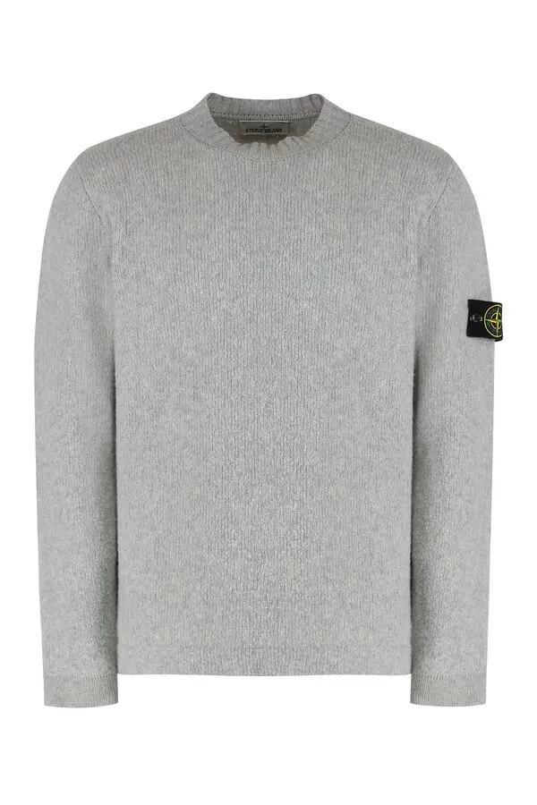 Stone Island Wool-blend Crew-neck Sweater With Removable Logo Patch - Grey