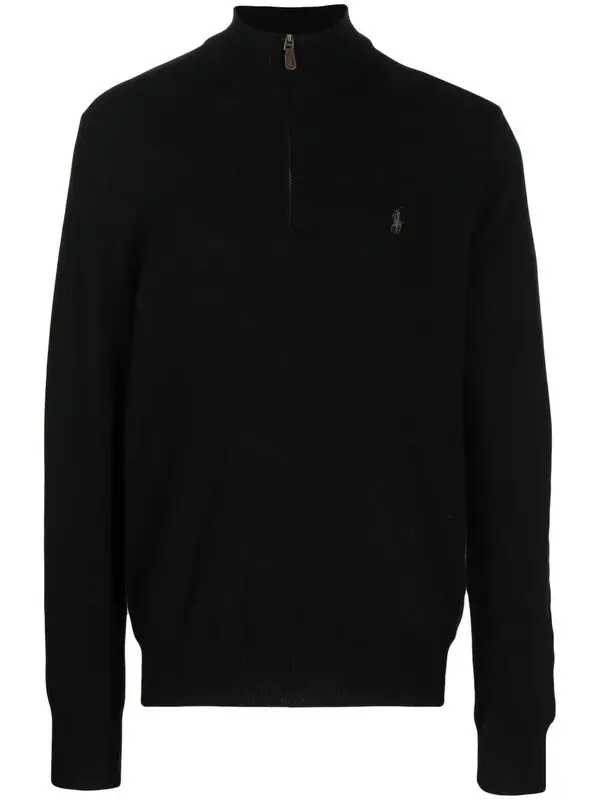 Polo Ralph Lauren Rib-knit Wool Mockneck Quarter-zip Sweater With Embroidered Pony - Nero