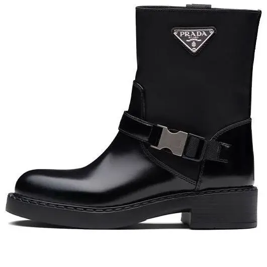 Prada Brushed Leather And Re-nylon Boots - Black