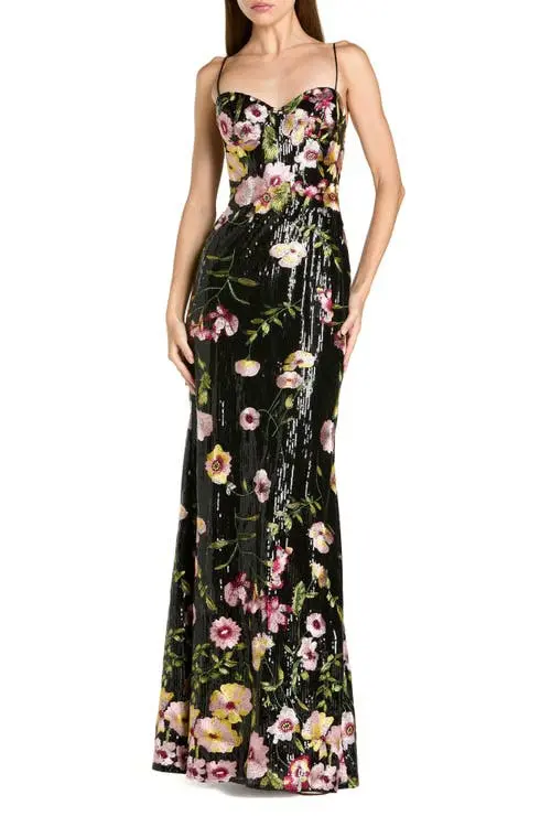 Mac Duggal Petite Sleeveless Bustier Floral Applique Gown - Black Multi