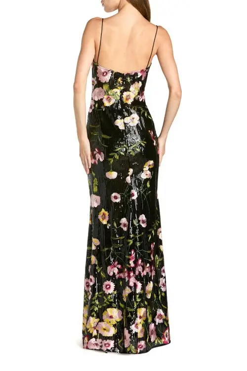 Mac Duggal Petite Sleeveless Bustier Floral Applique Gown - Black Multi
