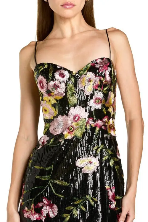 Mac Duggal Petite Sleeveless Bustier Floral Applique Gown - Black Multi