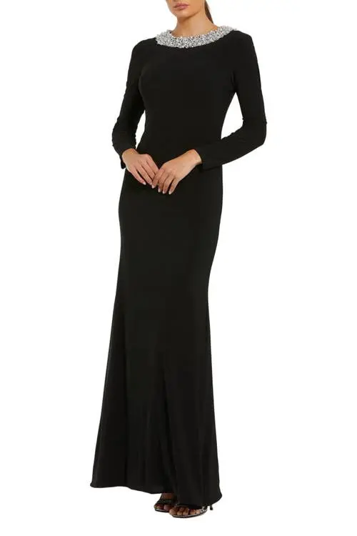 Mac Duggal Petite Beaded Jewel Neck Long Sleeve Gown