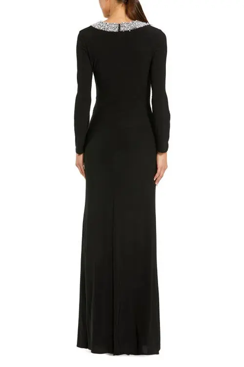 Mac Duggal Petite Beaded Jewel Neck Long Sleeve Gown
