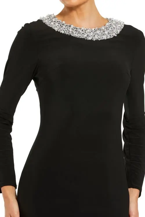 Mac Duggal Petite Beaded Jewel Neck Long Sleeve Gown