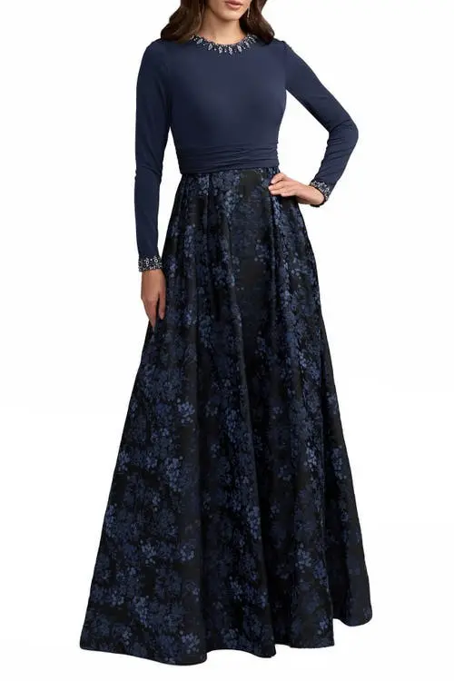 Mac Duggal Petite Embellished Brocade Floral Ball Gown - Midnight