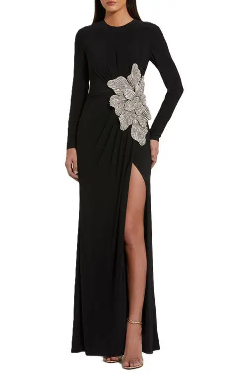 Mac Duggal Petite Jersey Gown With Embellished Flower - Black