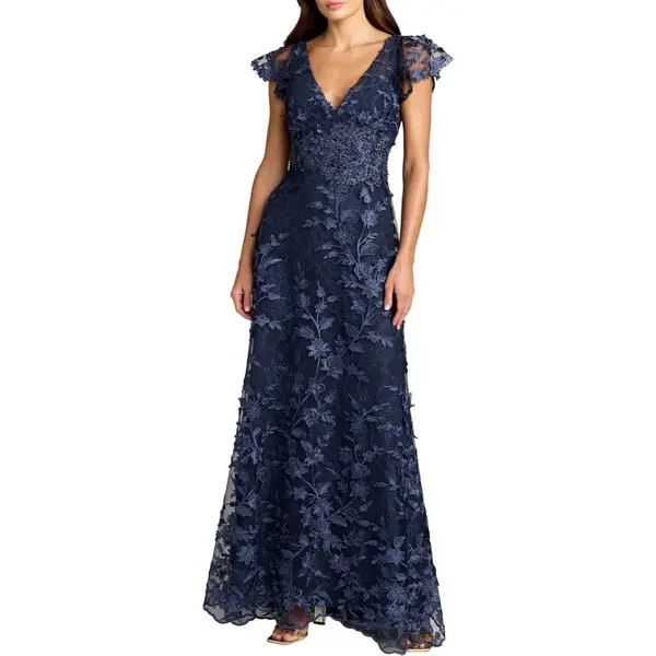 Mac Duggal Petite Floral Embroidered Lace Flutter Sleeve Gown