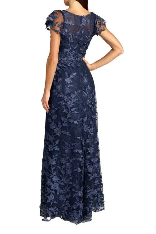 Mac Duggal Petite Floral Embroidered Lace Flutter Sleeve Gown
