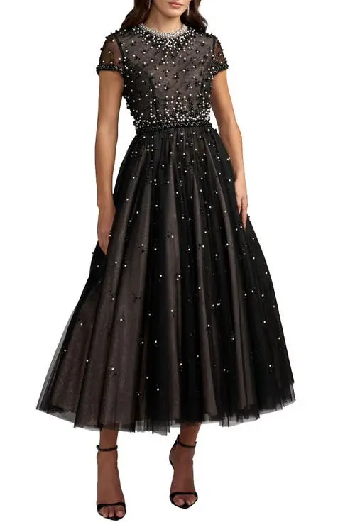 Mac Duggal Embellished Pearl Tulle Midi Dress - Black Ivory