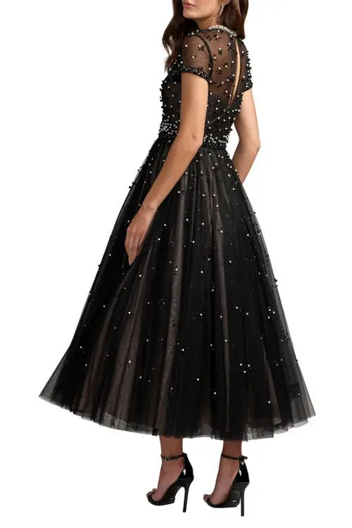 Mac Duggal Embellished Pearl Tulle Midi Dress