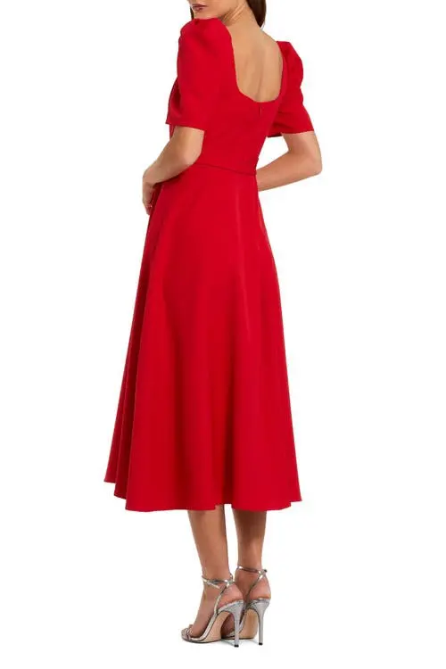 Mac Duggal Square Neck Short Sleeve Midi Dress With Belt