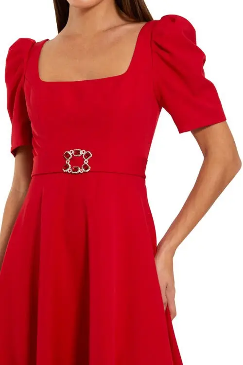 Mac Duggal Square Neck Short Sleeve Midi Dress With Belt