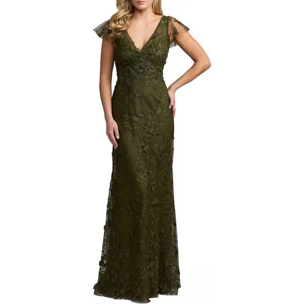 Mac Duggal Petite Embroidered Applique Wrap Over Flutter Sleeve Gown