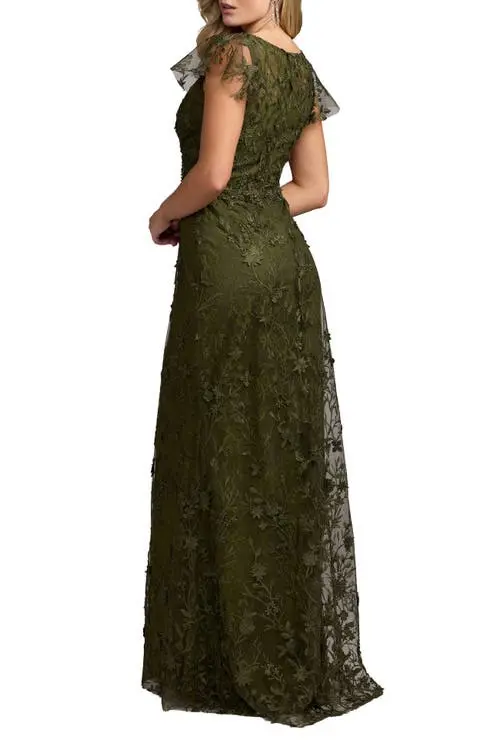Mac Duggal Petite Embroidered Applique Wrap Over Flutter Sleeve Gown