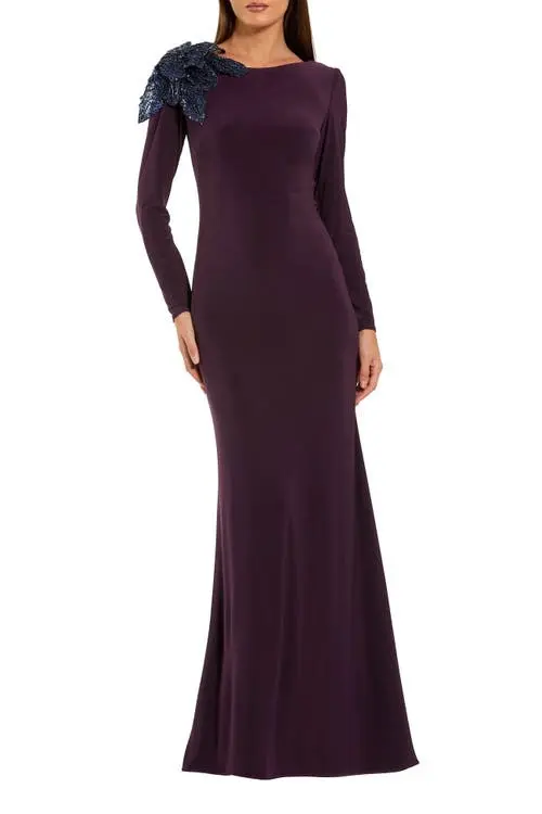 Mac Duggal Floral Appliqué Long Sleeve Column Gown