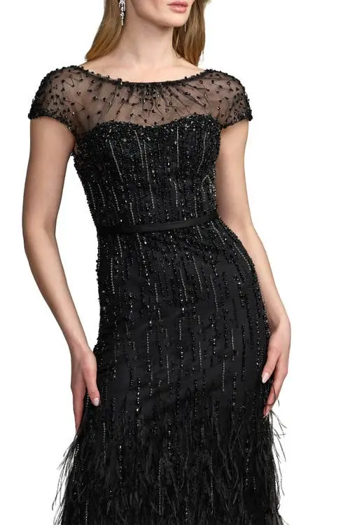 Mac Duggal Hand Beaded Short Sleeve Feather Gown
