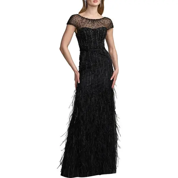Mac Duggal Hand Beaded Short Sleeve Feather Gown - Black