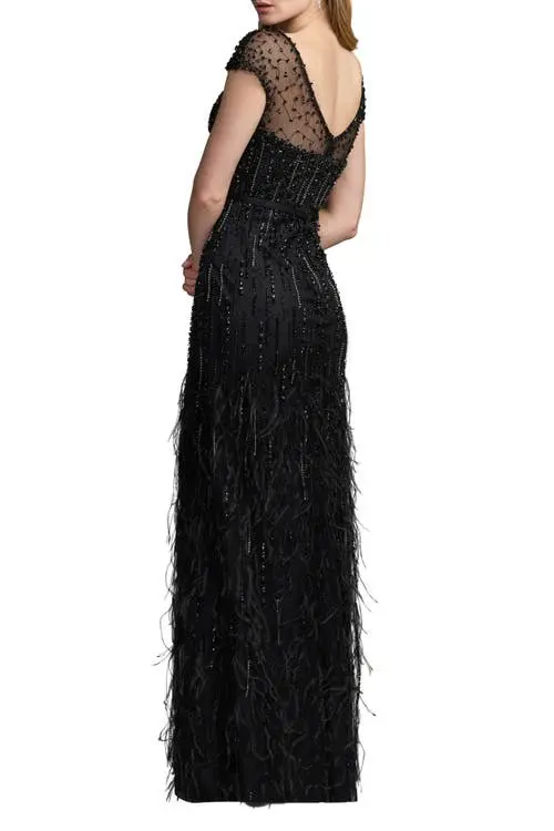 Mac Duggal Hand Beaded Short Sleeve Feather Gown - Black