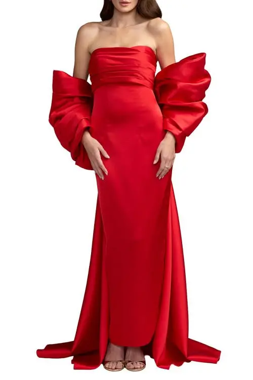 Mac Duggal Satin Strapless Ankle Dress With Oversized Bow