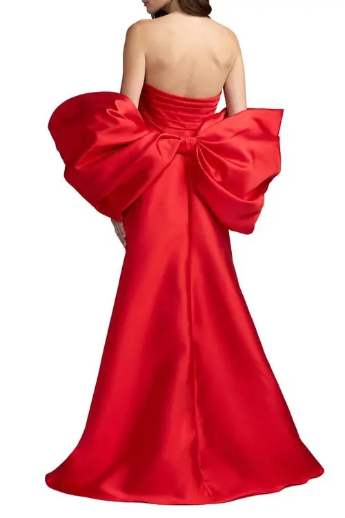 Mac Duggal Satin Strapless Ankle Dress With Oversized Bow