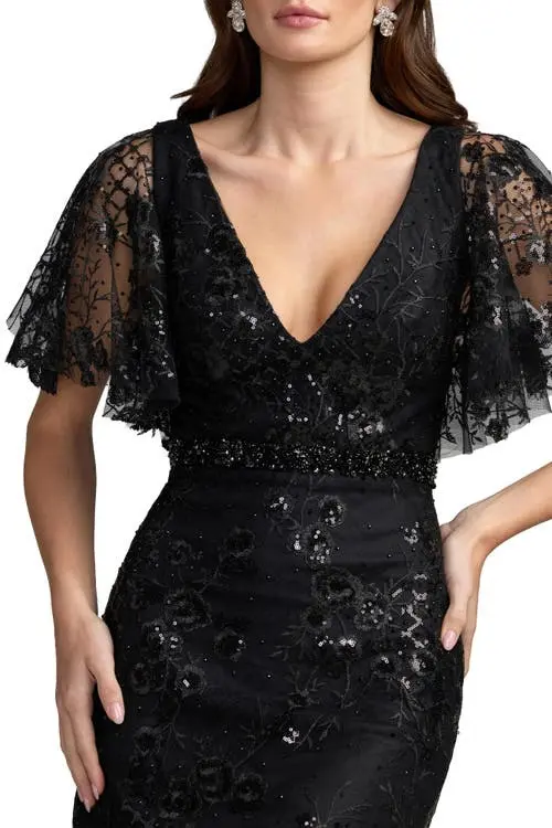 Mac Duggal Embellished Illusion Butterfly Sleeve Cocktail Dress
