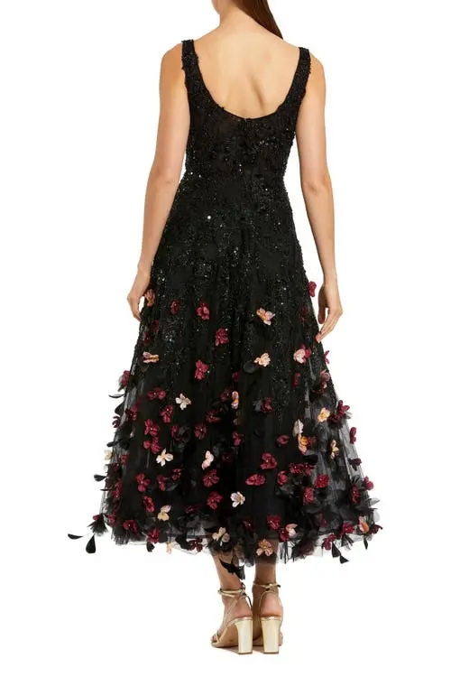 Mac Duggal Sleeveless Beaded Midi Dress With 3d Flowers