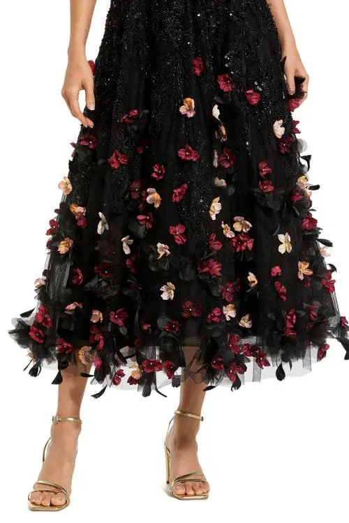 Mac Duggal Sleeveless Beaded Midi Dress With 3d Flowers