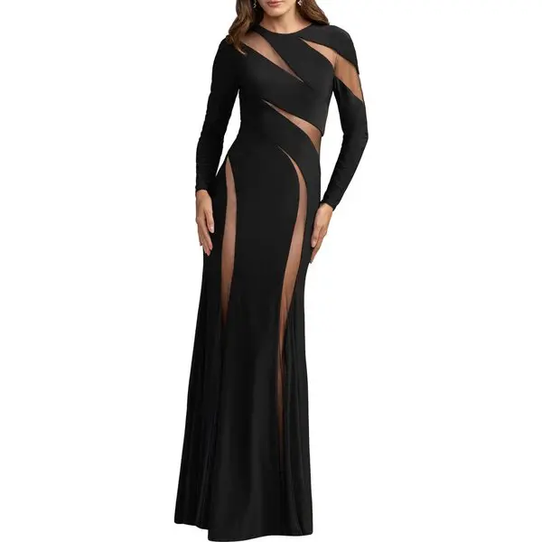 Mac Duggal Jersey Long Sleeve Illusion Cut Out Gown - Black