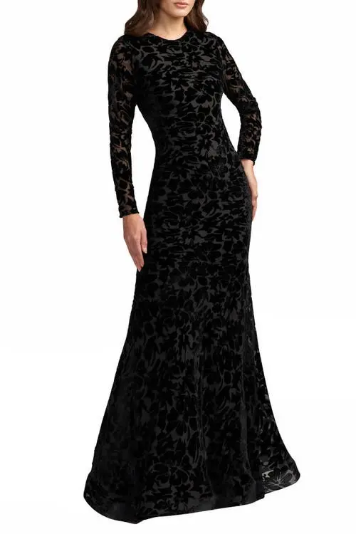 Mac Duggal Floral Velvet Burnout Long Sleeve Gown