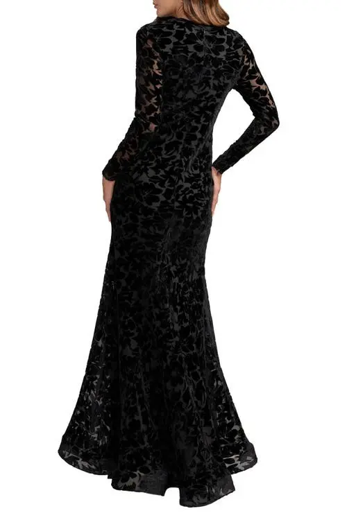 Mac Duggal Floral Velvet Burnout Long Sleeve Gown
