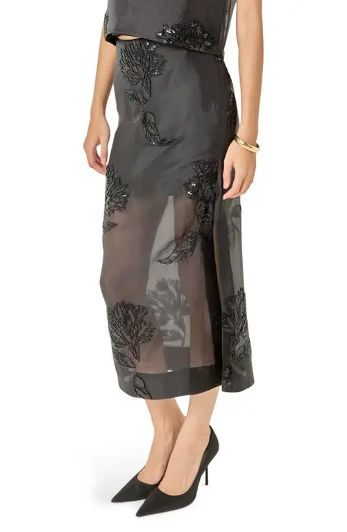 English Factory Floral Beaded Sheer Midi Skirt