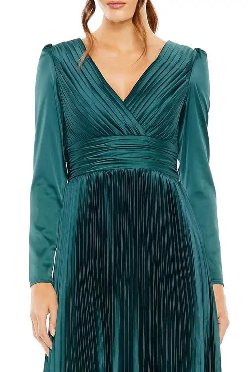 Mac Duggal Long Sleeve Faux Wrap Pleated Satin Gown
