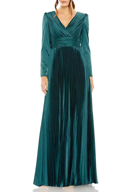 Mac Duggal Long Sleeve Faux Wrap Pleated Satin Gown - Ocean