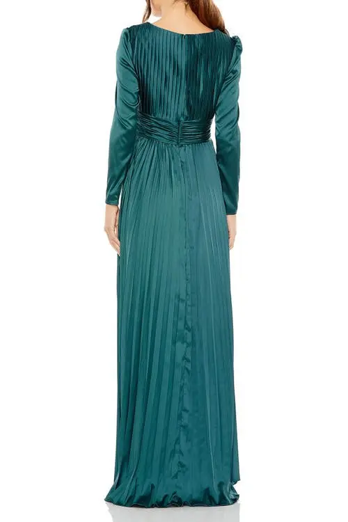 Mac Duggal Long Sleeve Faux Wrap Pleated Satin Gown