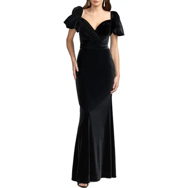 Mac Duggal Velvet Sweetheart Neck Puff Sleeve Mermaid Gown - Black