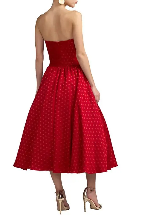 Mac Duggal Strapless Dropwaist Polka Dot Brocade Midi Dress