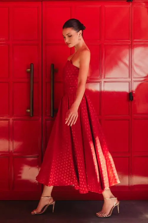 Mac Duggal Strapless Dropwaist Polka Dot Brocade Midi Dress