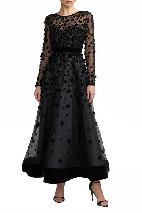 Mac Duggal Floral Applique Beaded Tulle Evening Gown