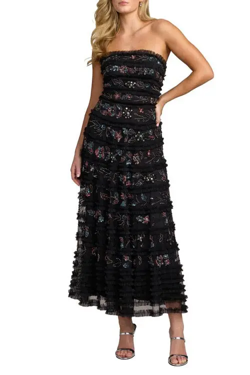 Mac Duggal Strapless Micro Ruffle Midi Dress