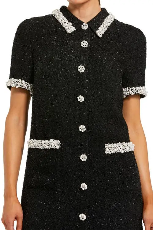 Mac Duggal Pearl Embellished Boucle Short Sleeve Mini Dress