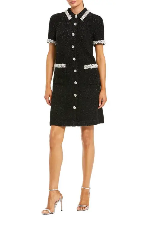 Mac Duggal Pearl Embellished Boucle Short Sleeve Mini Dress - Black
