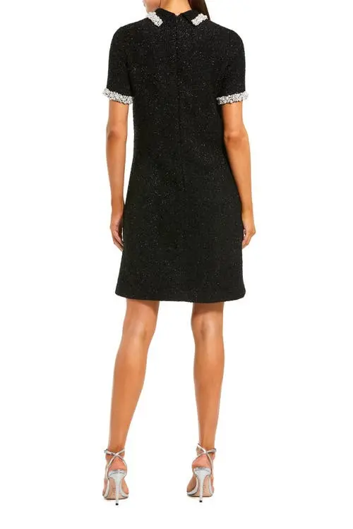 Mac Duggal Pearl Embellished Boucle Short Sleeve Mini Dress