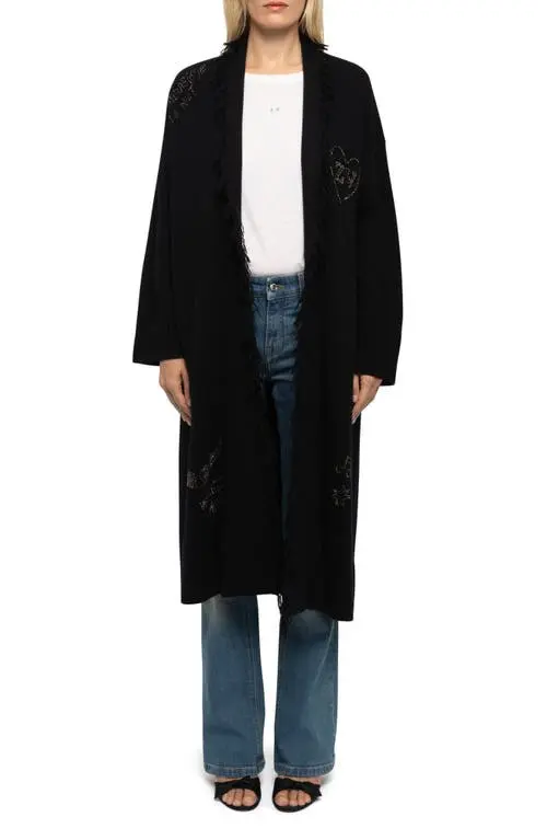 Zadig&Voltaire Cami Rhinestone Fringe Trim Longline Wool & Cashmere Sweater - Black