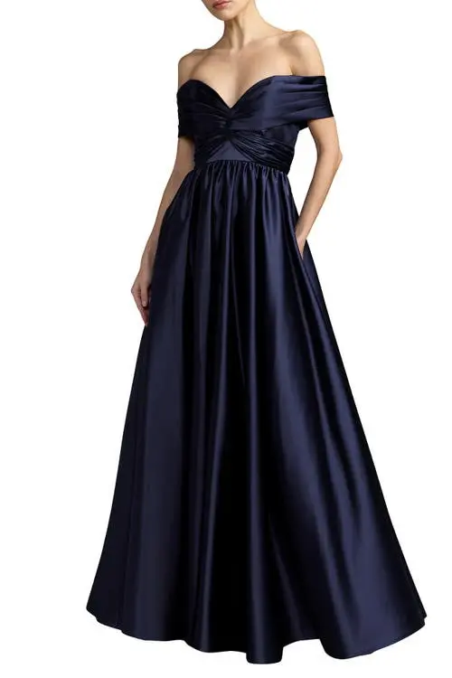 Mac Duggal Satin Off The Shoulder Twist Evening Ball Gown - Midnight