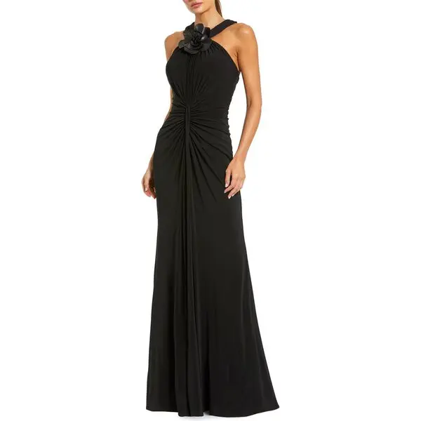 Mac Duggal Jersey Halter Gown With Floral Appliqu